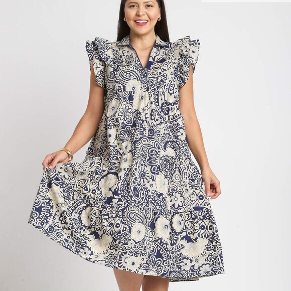 Umgee | Dresses | Umgee Plus Navy Two Tone Paisley Print Tiered Flutter ...